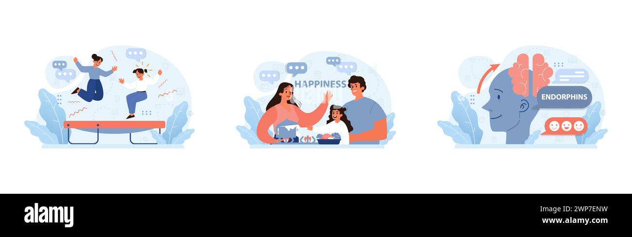 Happiness set. Joyful duo bouncing on trampoline, family sharing sweet ...