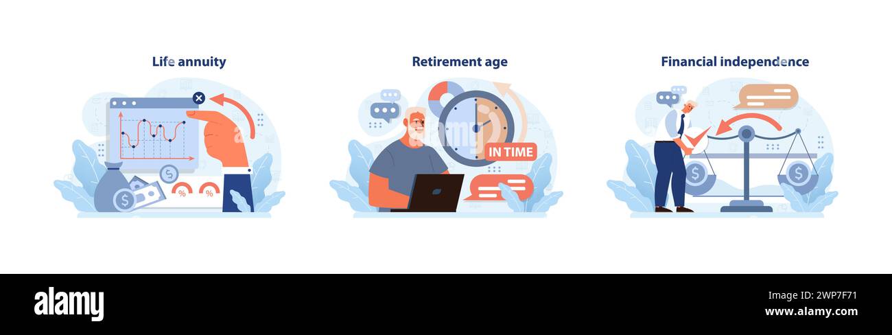 Retirement planning set. Analyzing life annuity graph, marking the ...