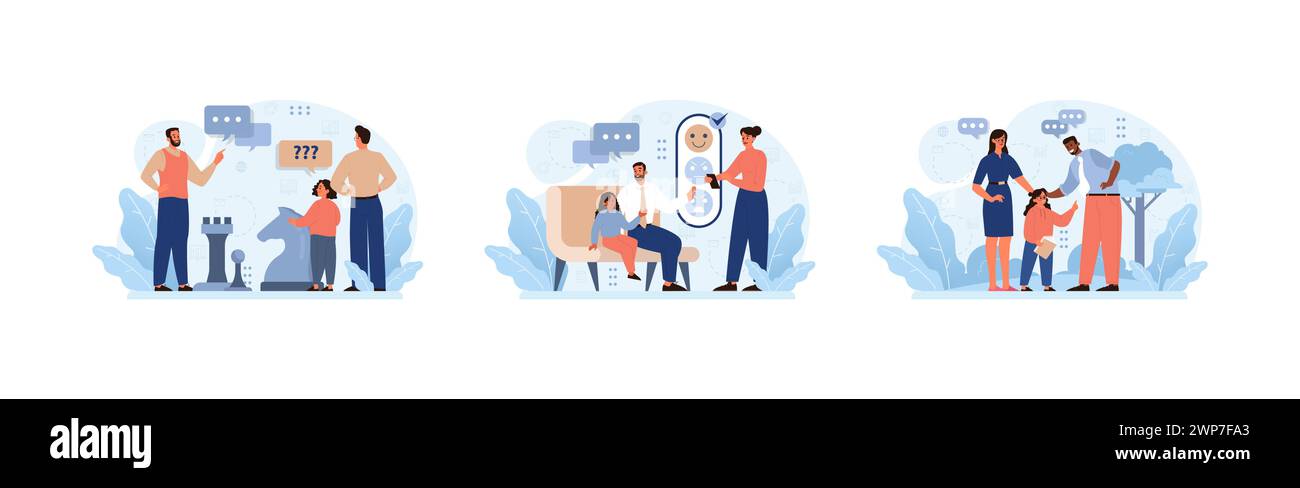 Family Dynamics set. A man helps a child integrate, professionals guide ...