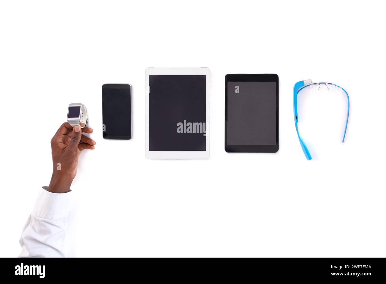 Device screen, layout or hands in studio for high tech, presentation or ...