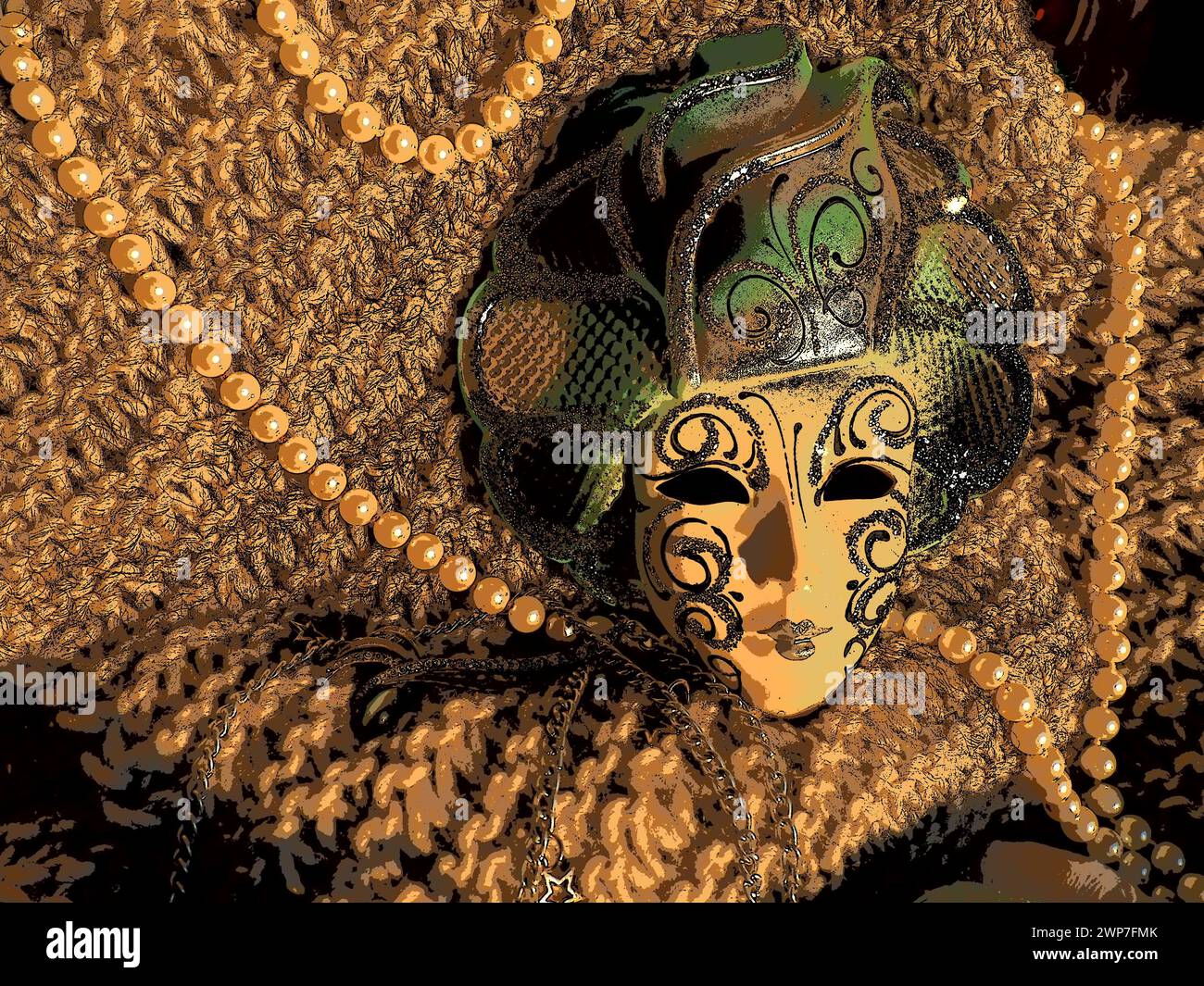 Carnival mask on a knitted background with beads and sparkles. Carnival ...