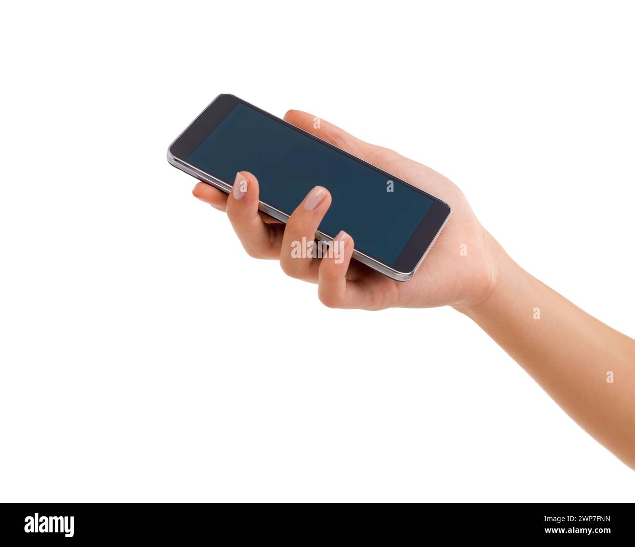 Phone screen, hand and woman in studio with mockup for social media ...