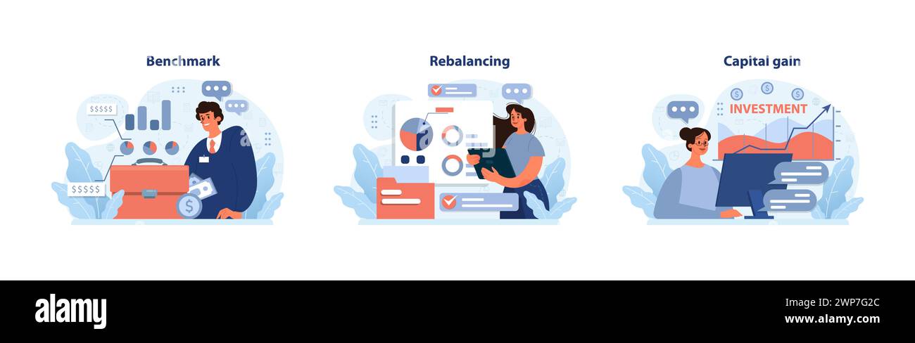 Investment concepts set. Expert analyzing benchmarks, strategist ...