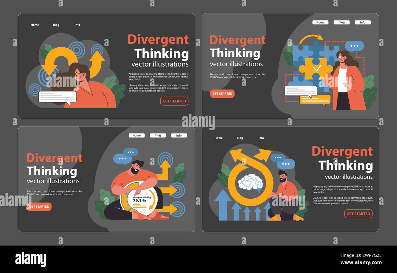 Divergent Thinking set. Creativity unfolds with minds at work. Arrows ...