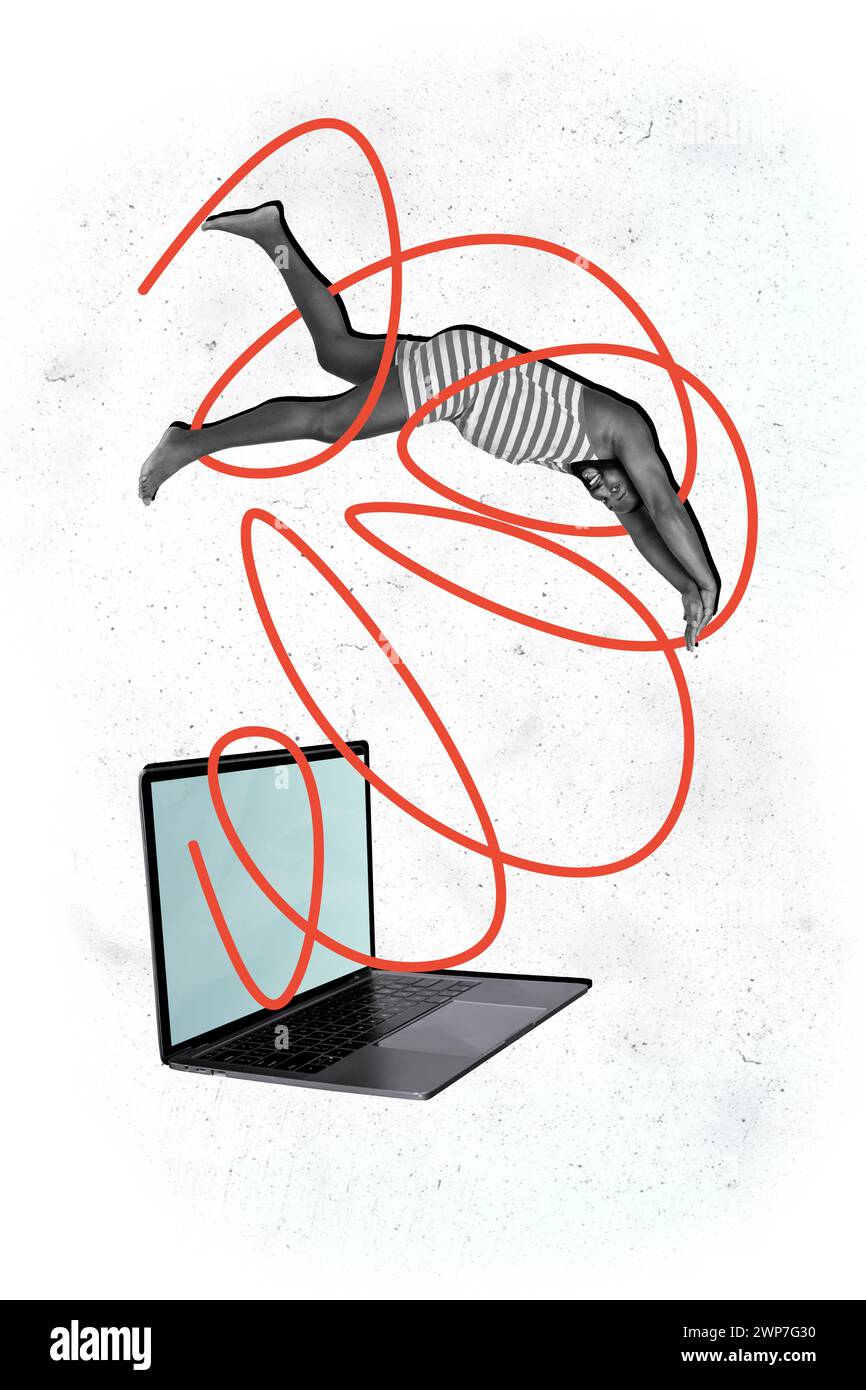 Collage vertical illustration of jumping guy diving into laptop ...