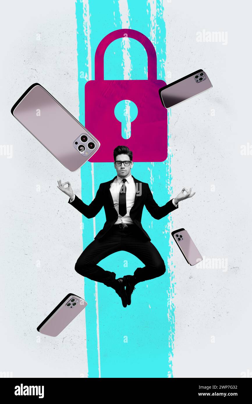 Vertical picture collage of business man jumping in asana balance when ...