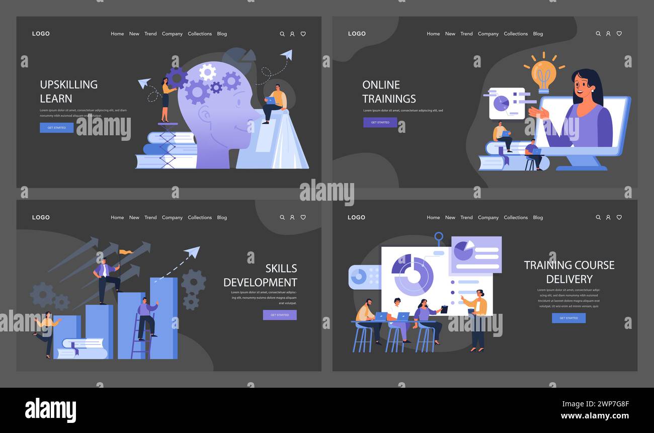 Upskilling Journey Set. Professionals enhancing abilities atop books ...