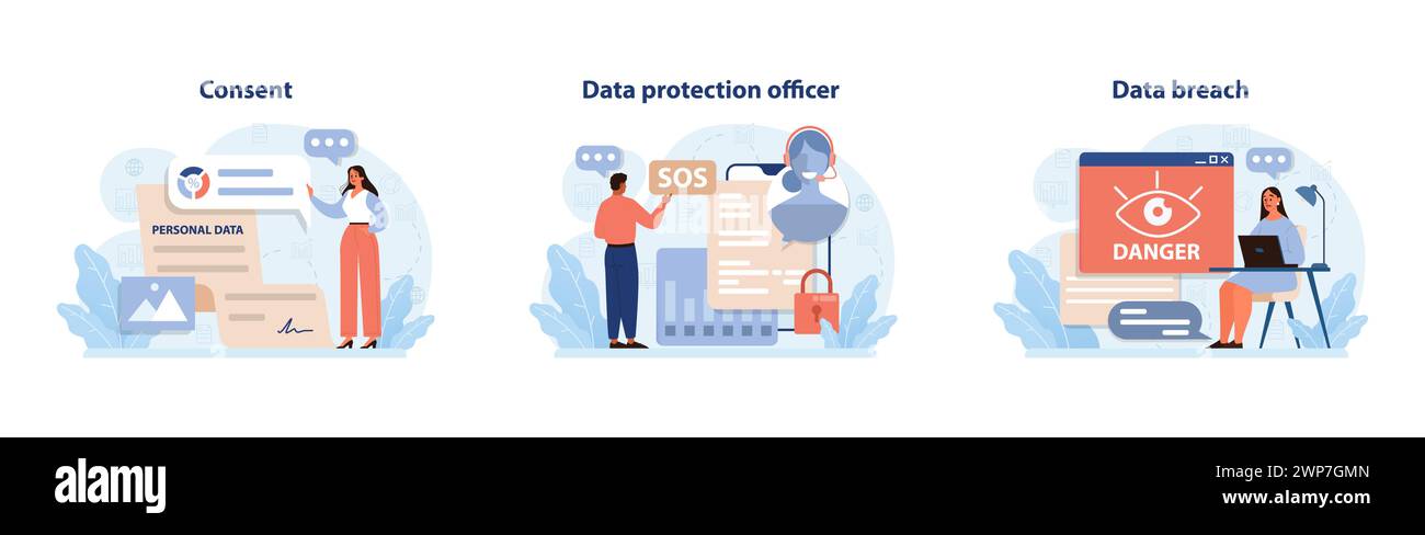 Data Privacy set. Essential aspects of online security. Woman gives ...