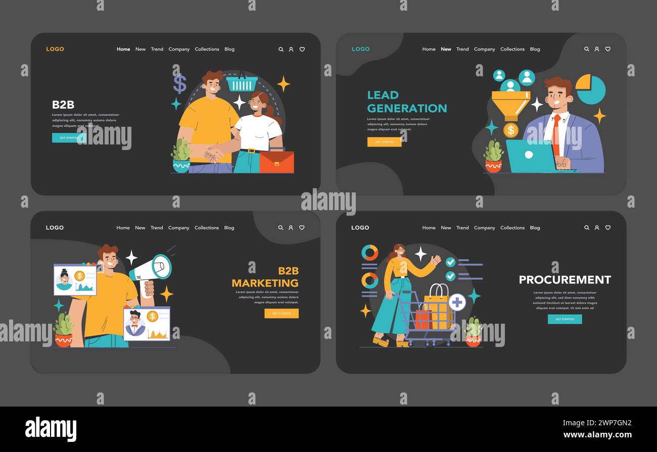 B2B Commerce dark or night mode web or landing set. Business characters ...