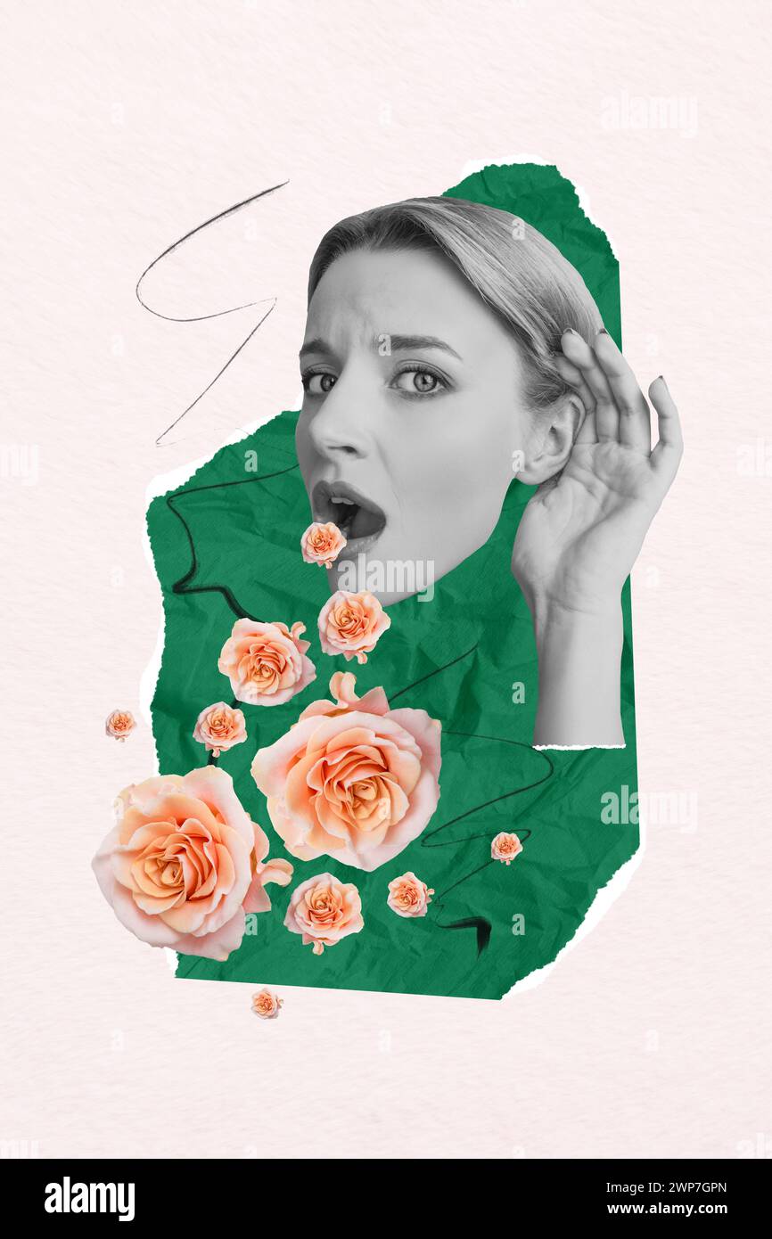 Collage placard sketch of amazed shocked woman listening to ...