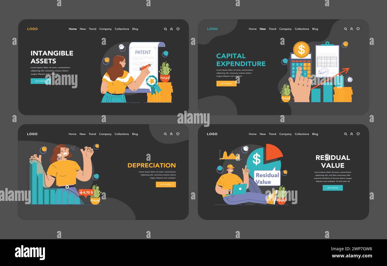 Amortization and depreciation dark or night mode web, landing set ...
