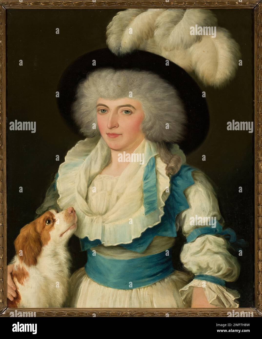 Portrait of a woman in a hat with ostrich feathers and a dog; End of ...