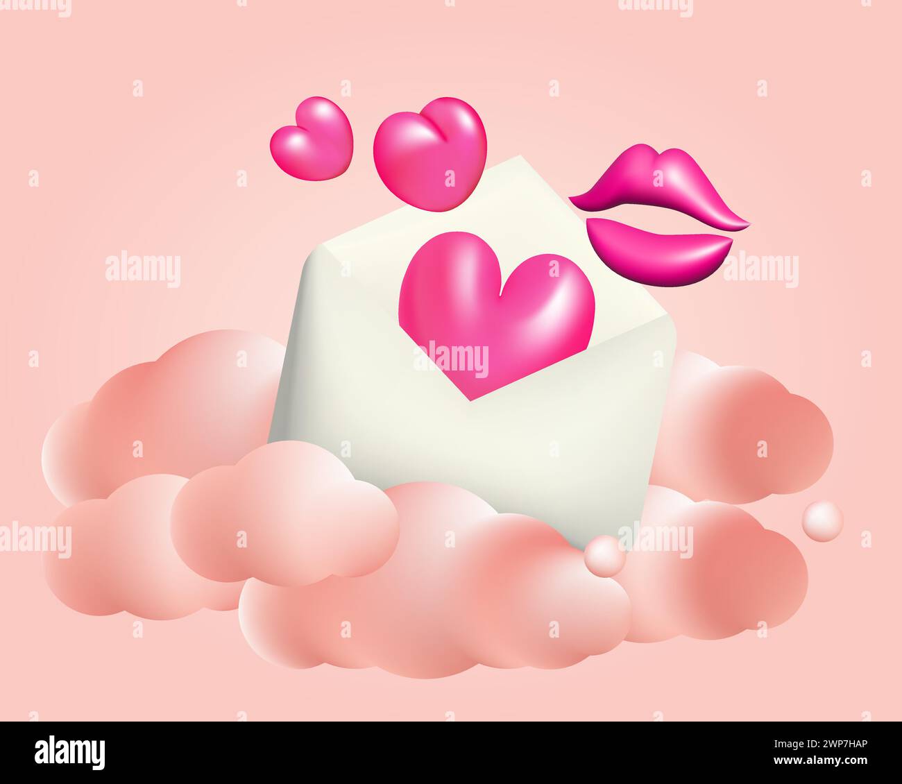 3d white mail envelope with pink hearts and lips vector illustration ...