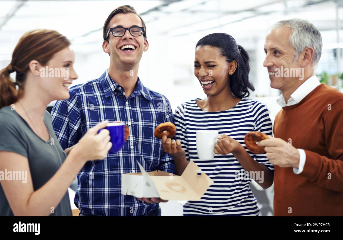 Business people, doughnut and group with coffee, funny and conversation ...