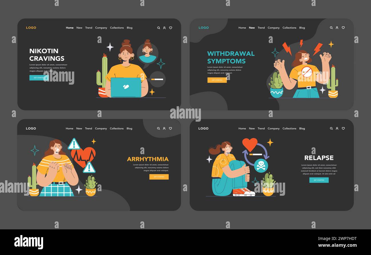 Smoking cessation dark or night mode web, landing set. Man quits ...