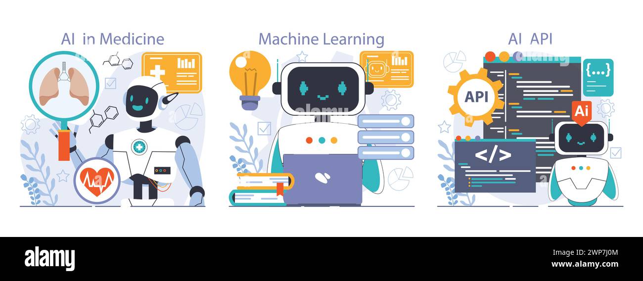 Ai integration set. Artificial intelligence and human synergy. Neural network assistance and ...