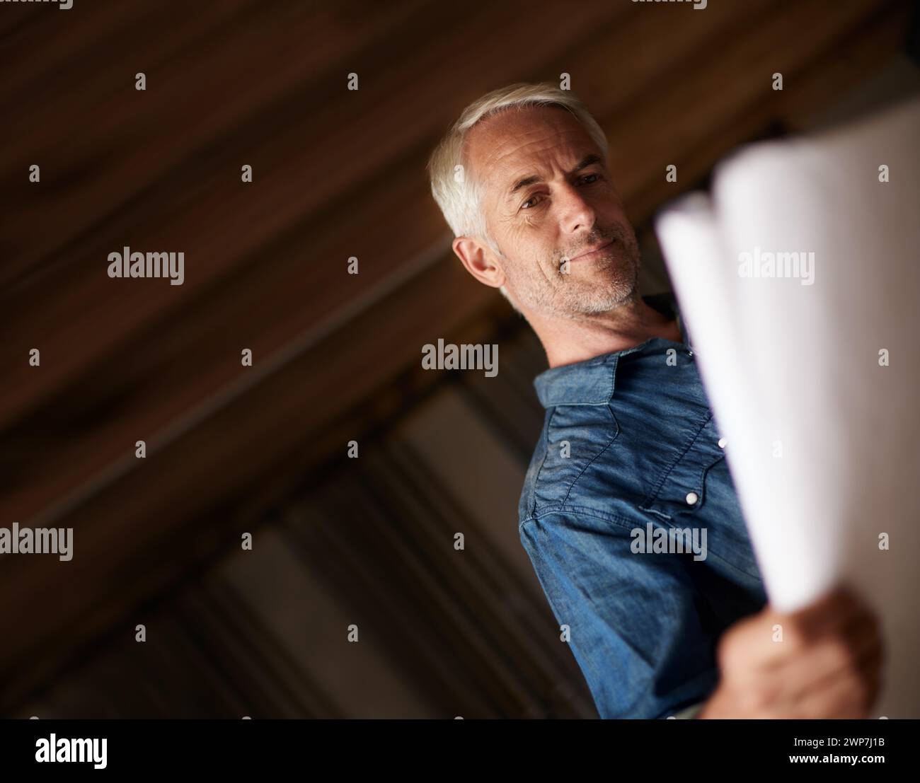 Thinking, blueprint and man with engineering, architect with ...