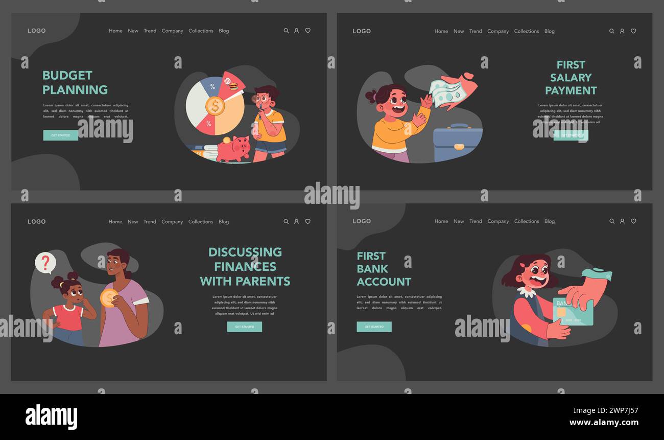 Child Financial Literacy set. Young students engaged in money ...