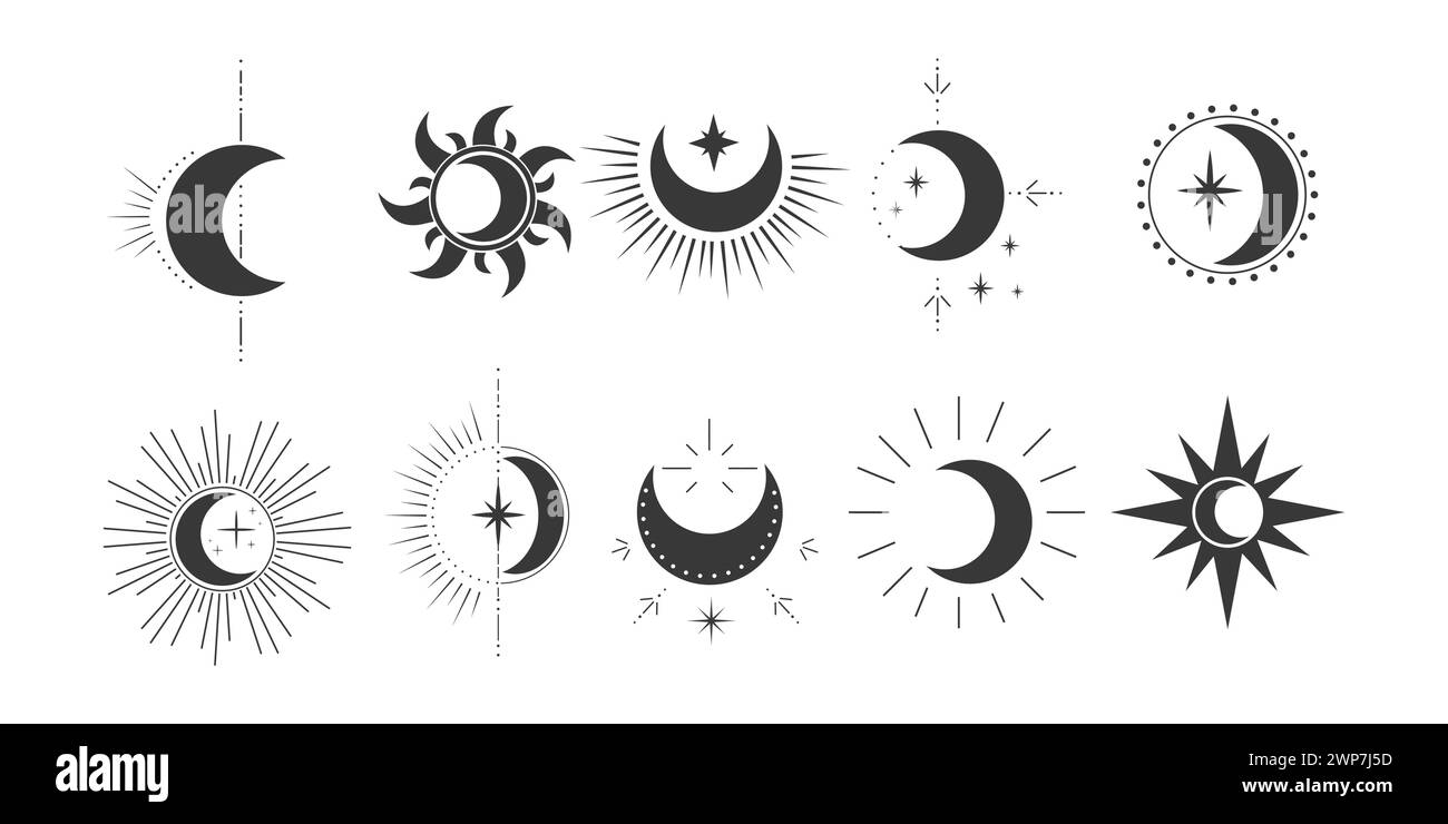 Set mystic moon celestial astrology magic element with rays, stars ...