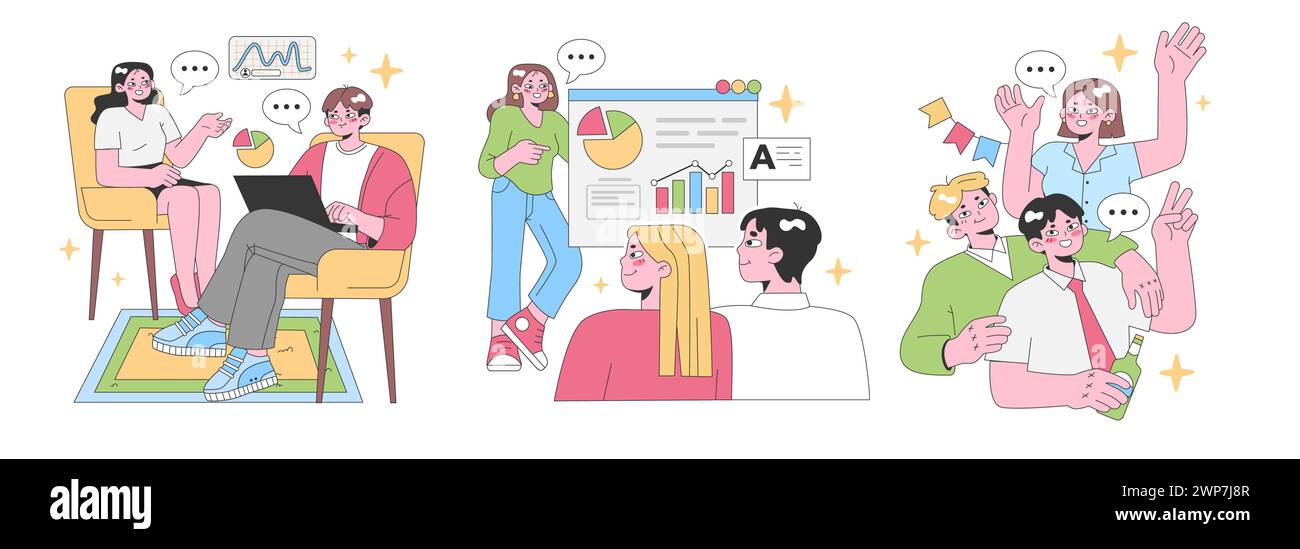 Office Dynamics set. Collaborative team discussions around charts ...