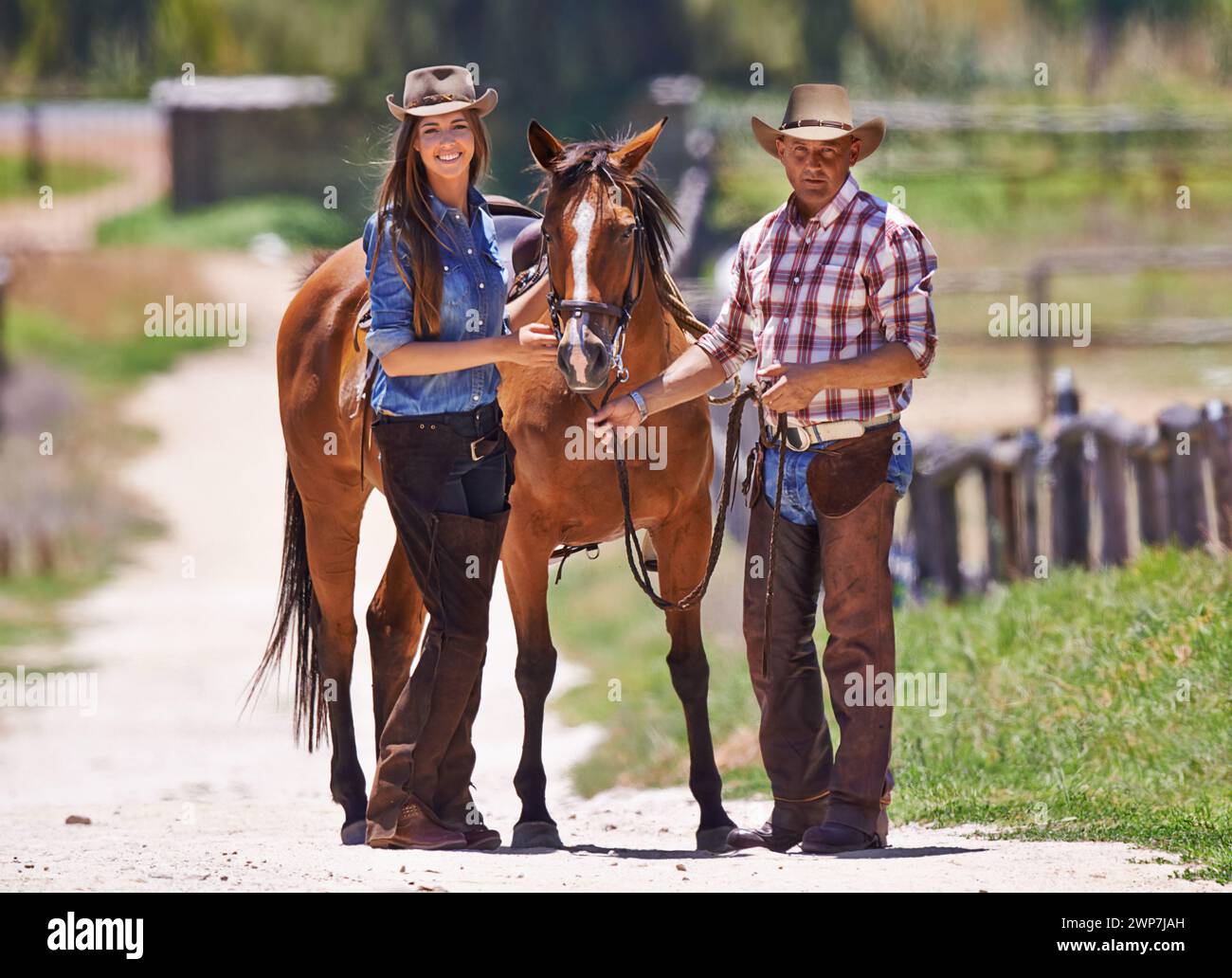 Horse, farmer couple and portrait in countryside, love and working ...