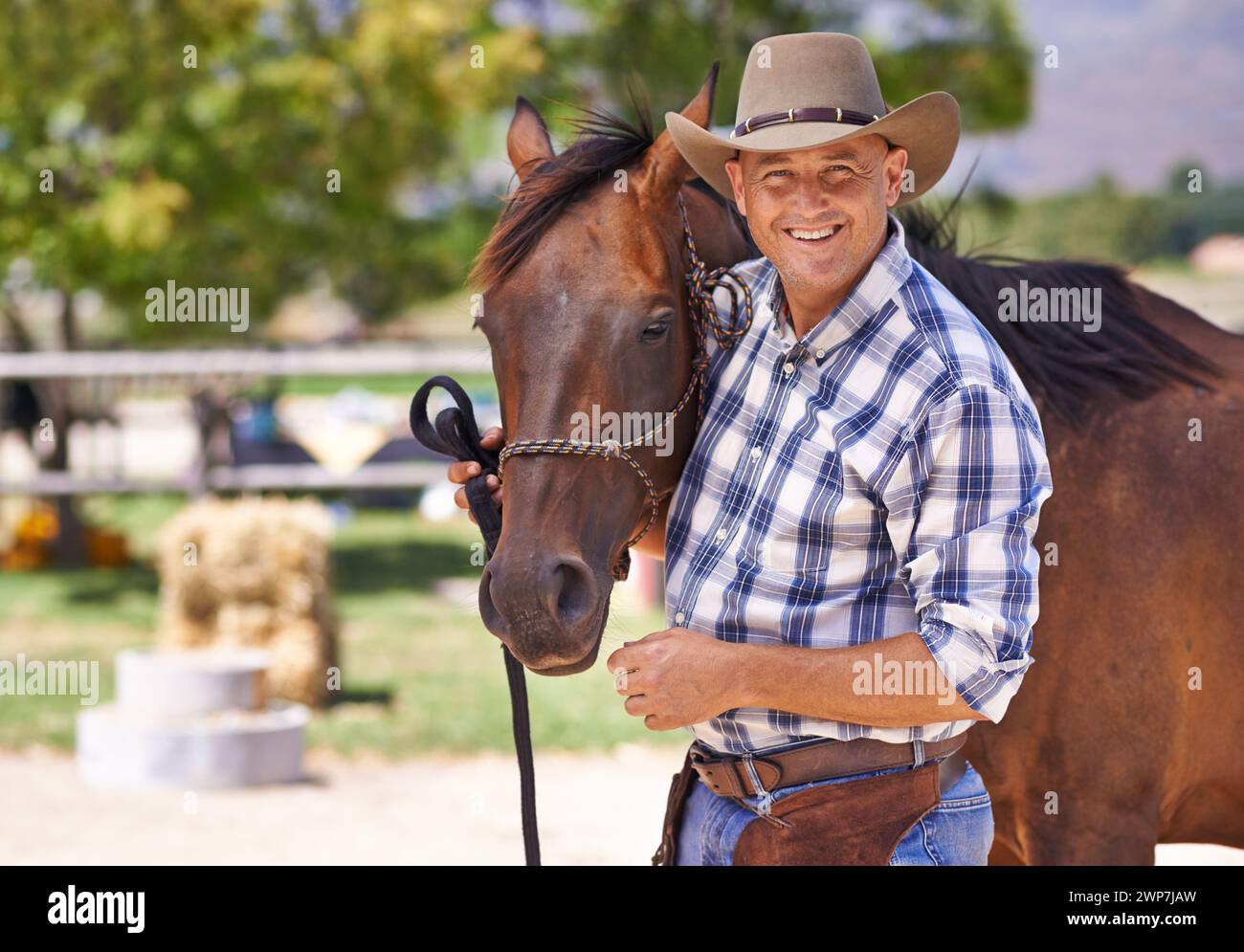 Man, farmer and happy with horse in ranch for care with bonding ...