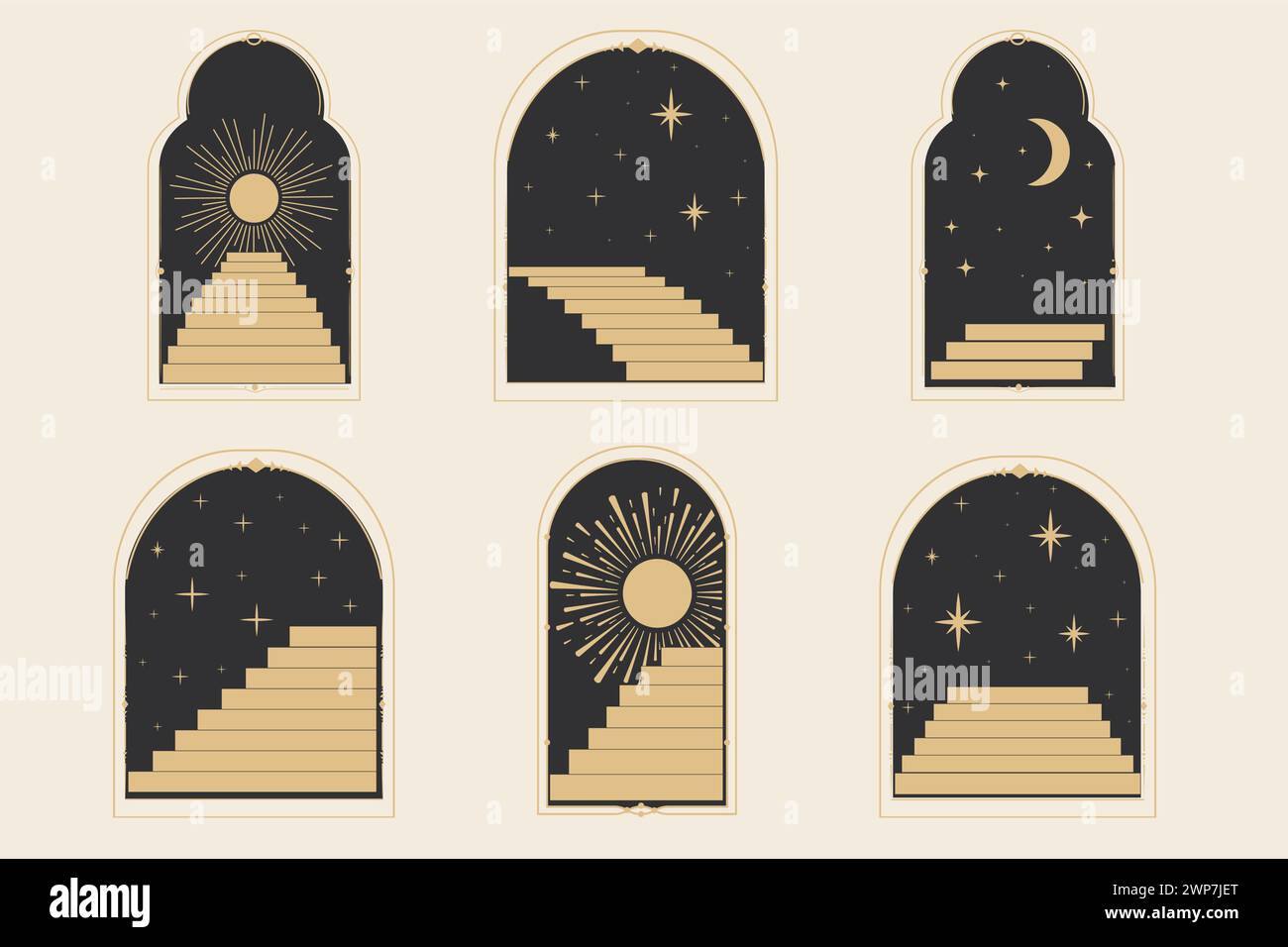 Set arch window line frame celestial, mystic with staircase, astrology symbols moon and sun ...