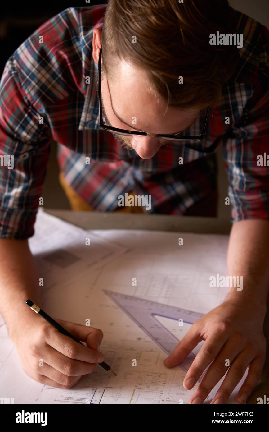 Closeup, man and architect sketch blueprint, construction for ...