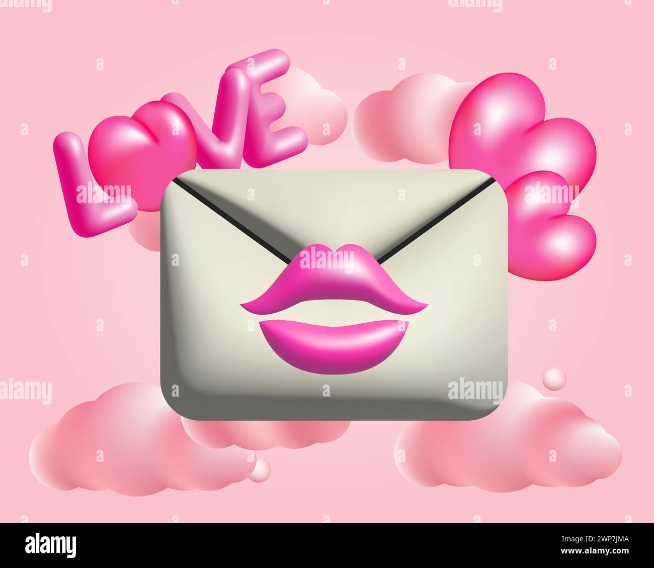 3d white mail envelope with pink hearts and lips vector illustration ...