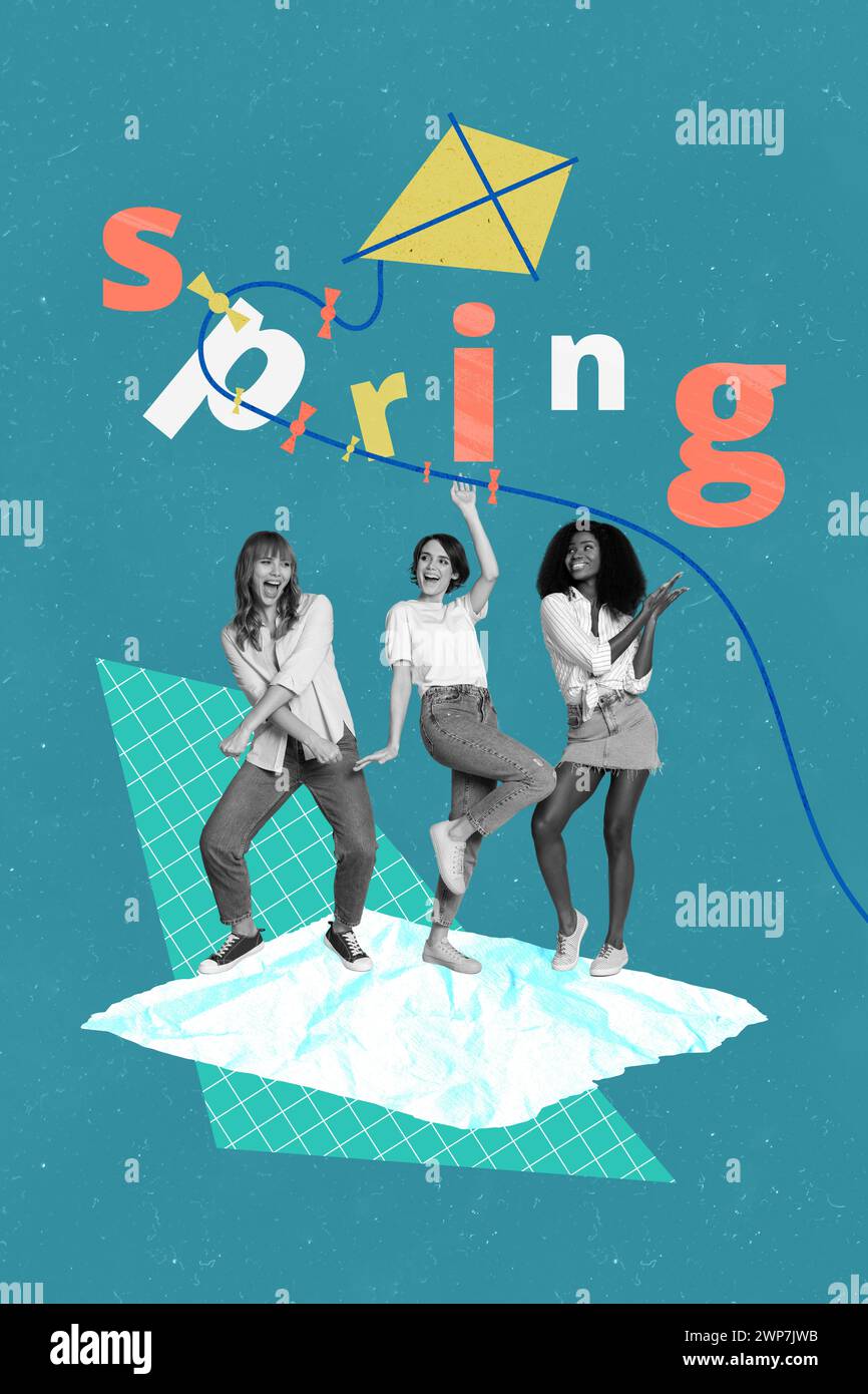 Collage image picture of cheerful happy three people dancing together ...