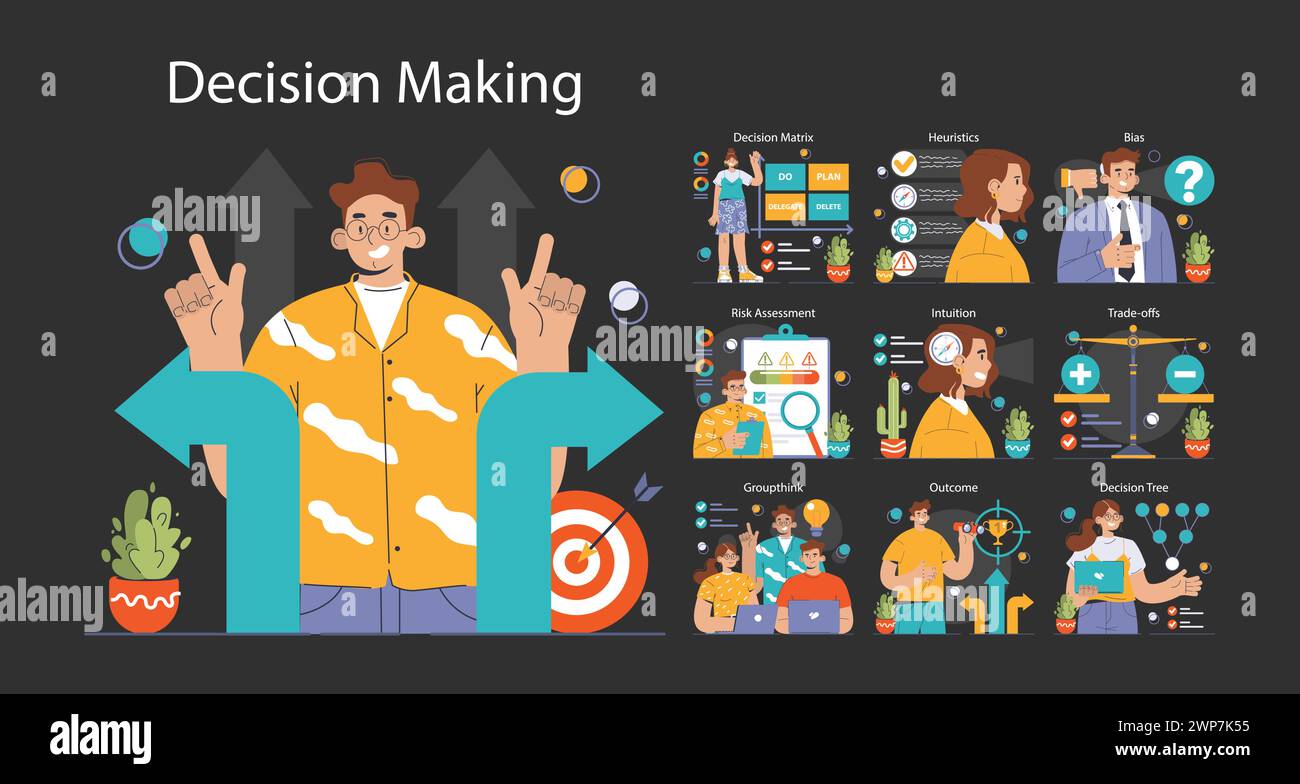 Decision-making dark or night mode set. Strategic thinking ...