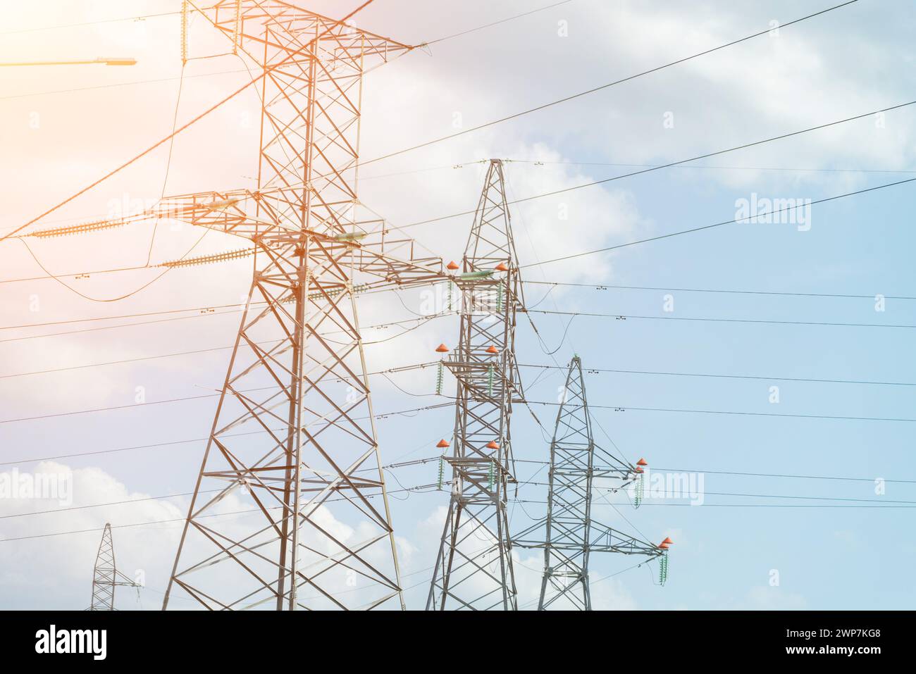 High voltage towers with sky background. Power line support with wires ...