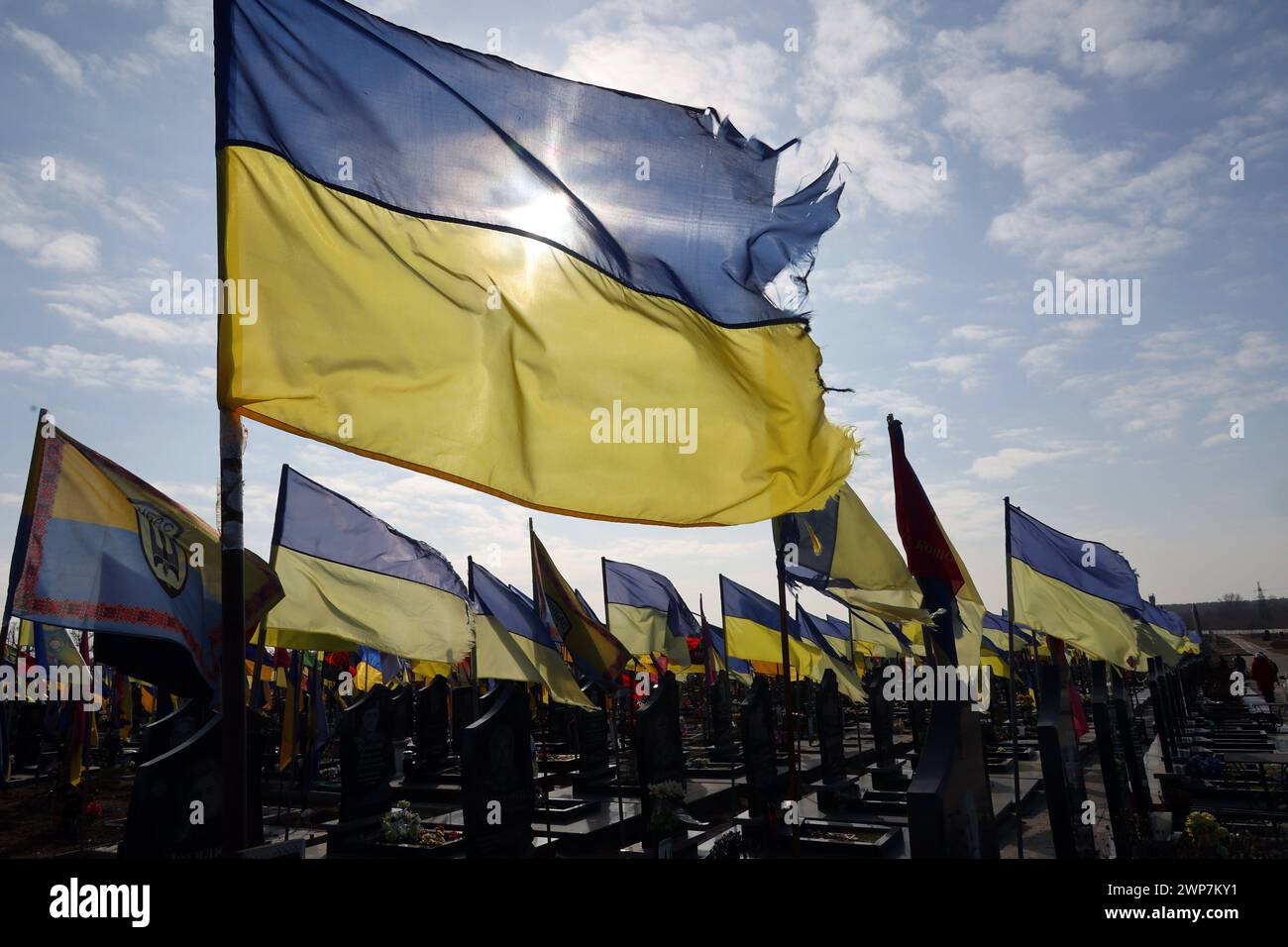 Non Exclusive: KHARKIV, UKRAINE - MARCH 2, 2024 - Weather-beaten Ukrainian flags flutter in the ...