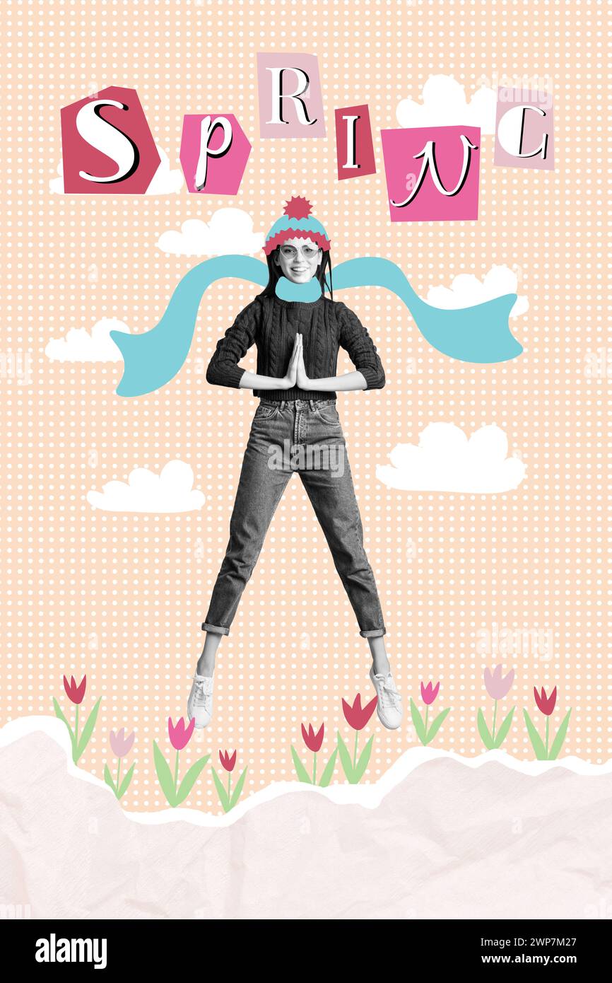 Trend artwork photo collage image of young lady hold hands trane yoga ...