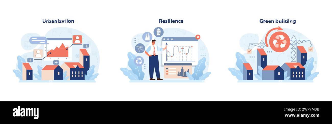 Urban development set. Rapid city growth, data analytics, and ...