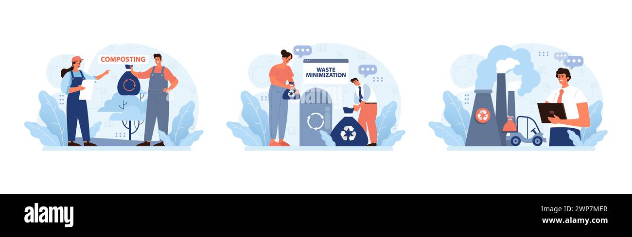 Waste Management set. Individuals promoting eco-friendly habits ...