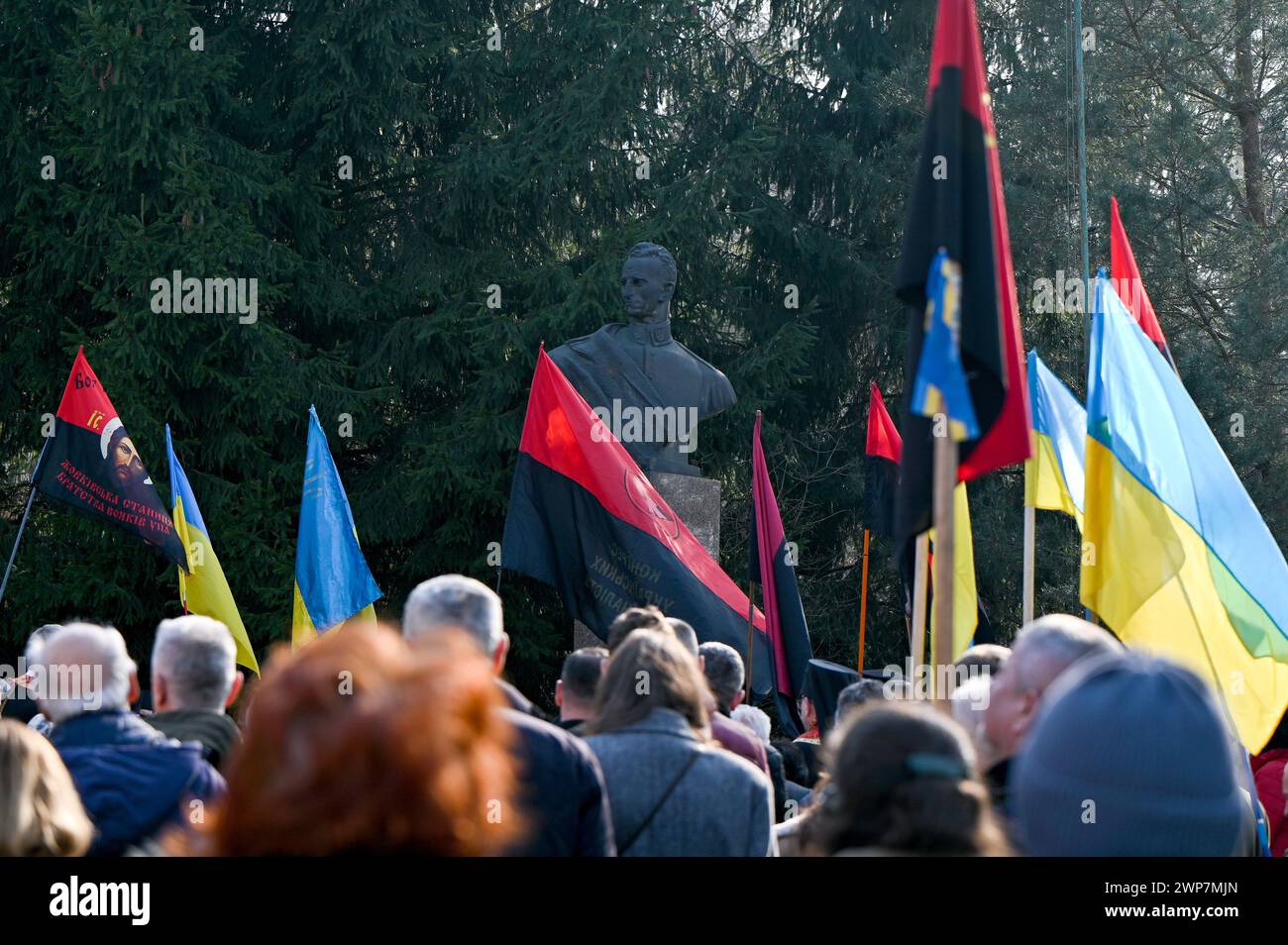 LVIV, UKRAINE - MARCH 5, 2024 - The monument to Roman Shukhevych, the ...