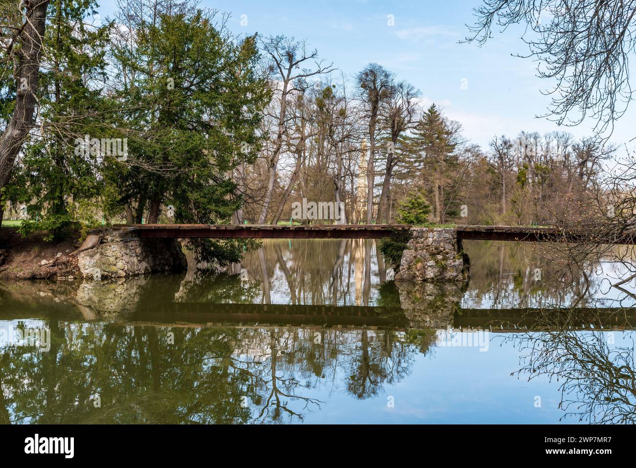 Pond with small bridge above with trees around and Minaret building on ...