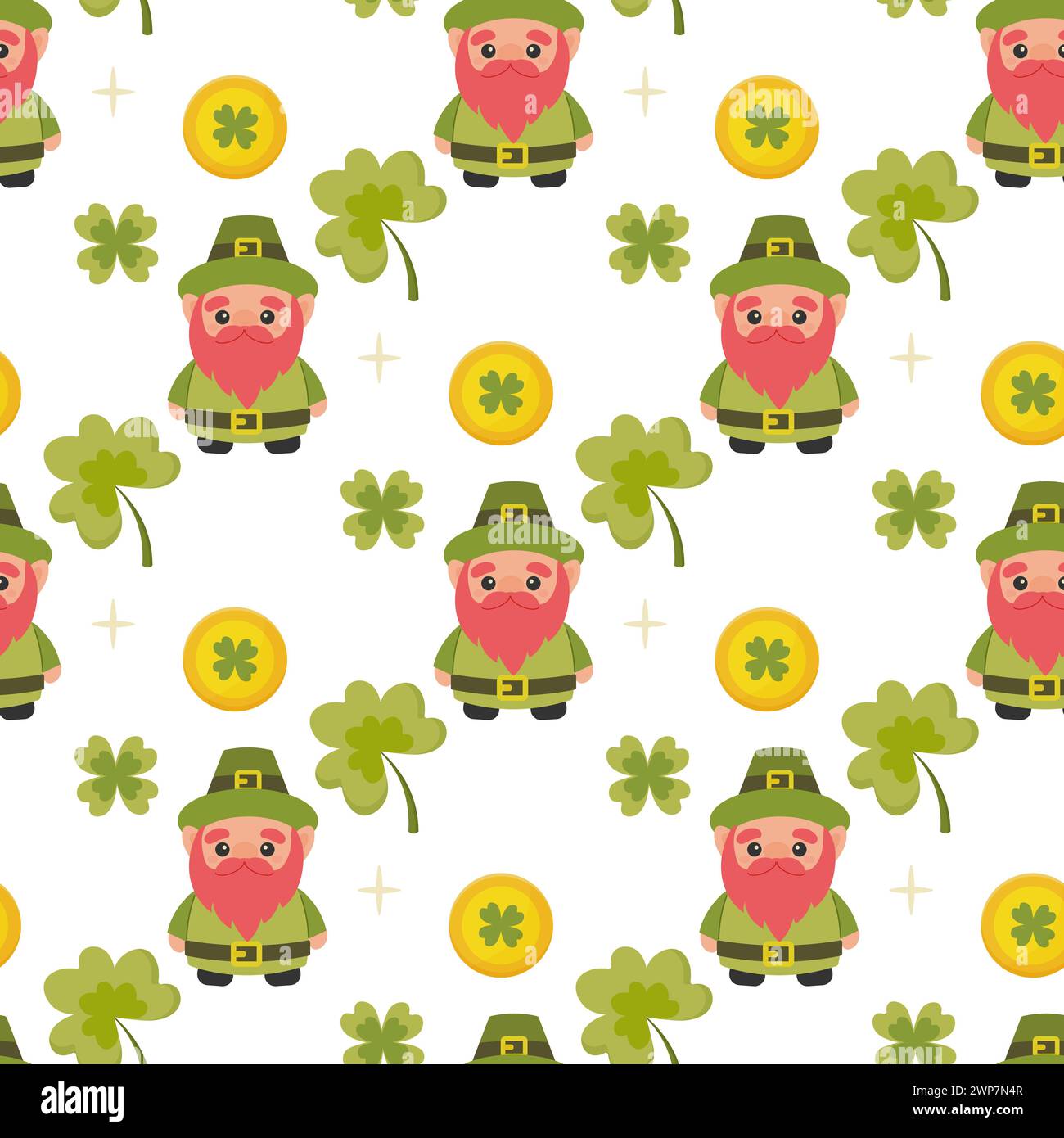 St patricks day seamless pattern, clover, gnome leprechaun, coins ...