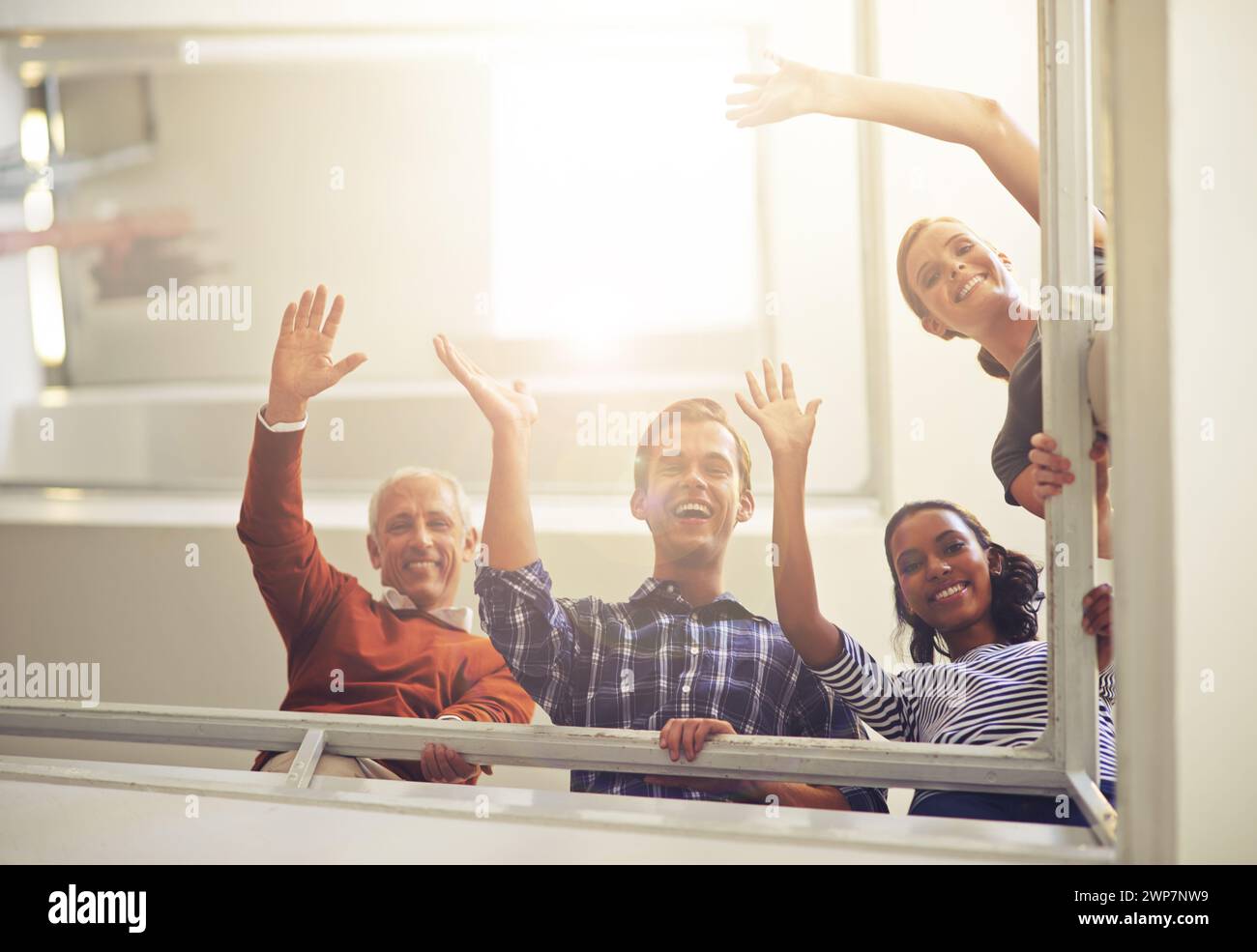Portrait, stairs and business people with wave, teamwork and lens flare ...