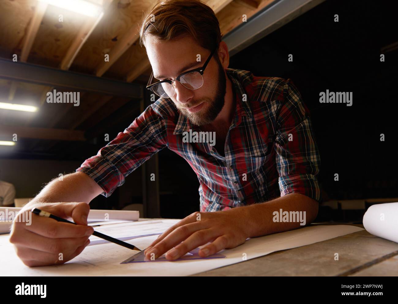 Man, architect design blueprint and engineering for construction ...