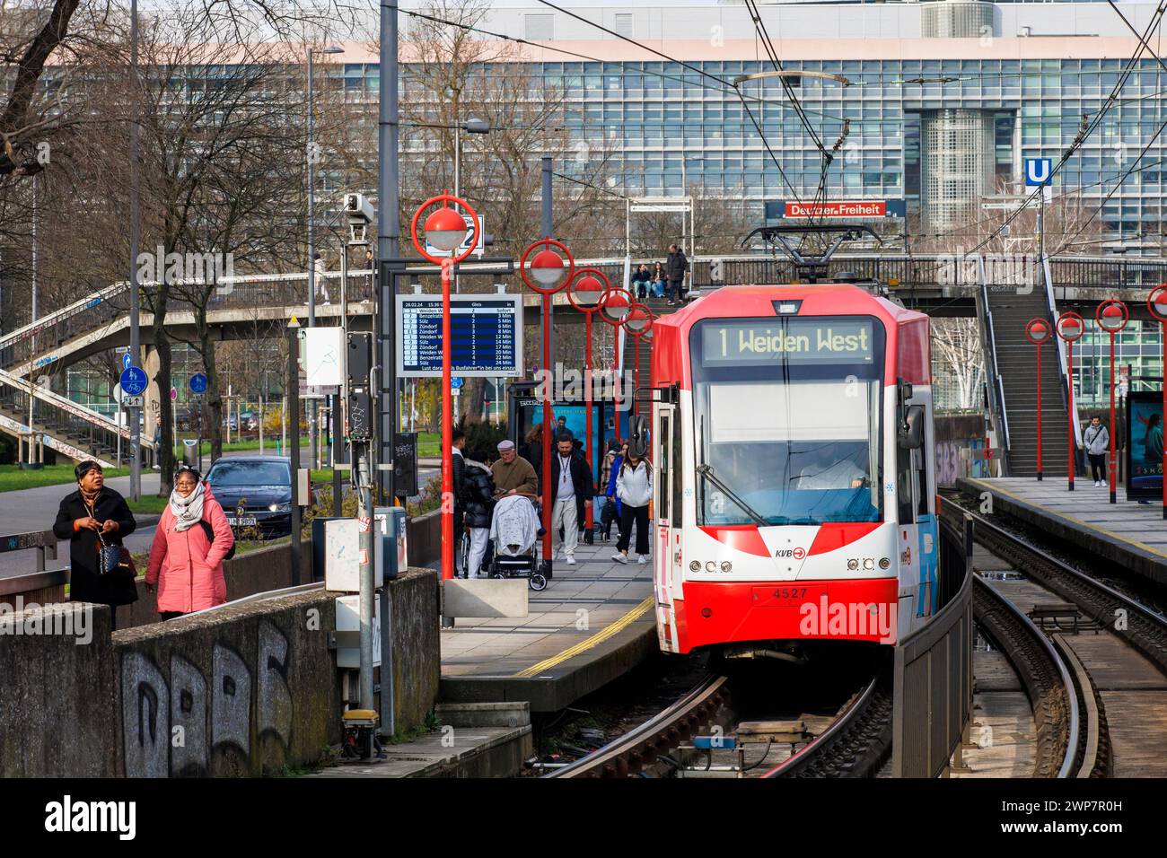 streetcar line 1 of the Cologne transport company KVB at station ...