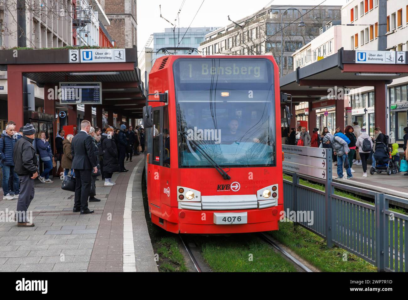 streetcar line 1 of the Cologne transport company KVB at station ...