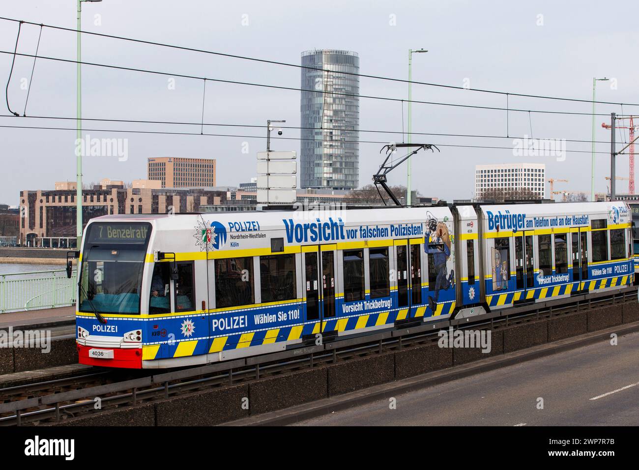 streetcar line 7 of the Cologne transport company KVB on Deutz bridge ...