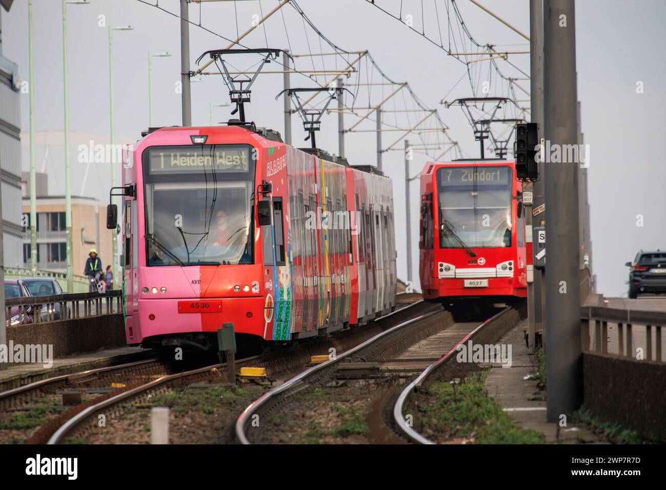 streetcars of the lines 1 and 7 of the Cologne transport company KVB on ...