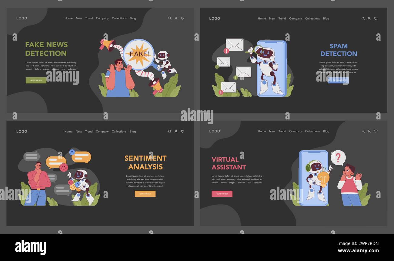 Natural language processing set. AI tools combating misinformation, aiding communication, and ...