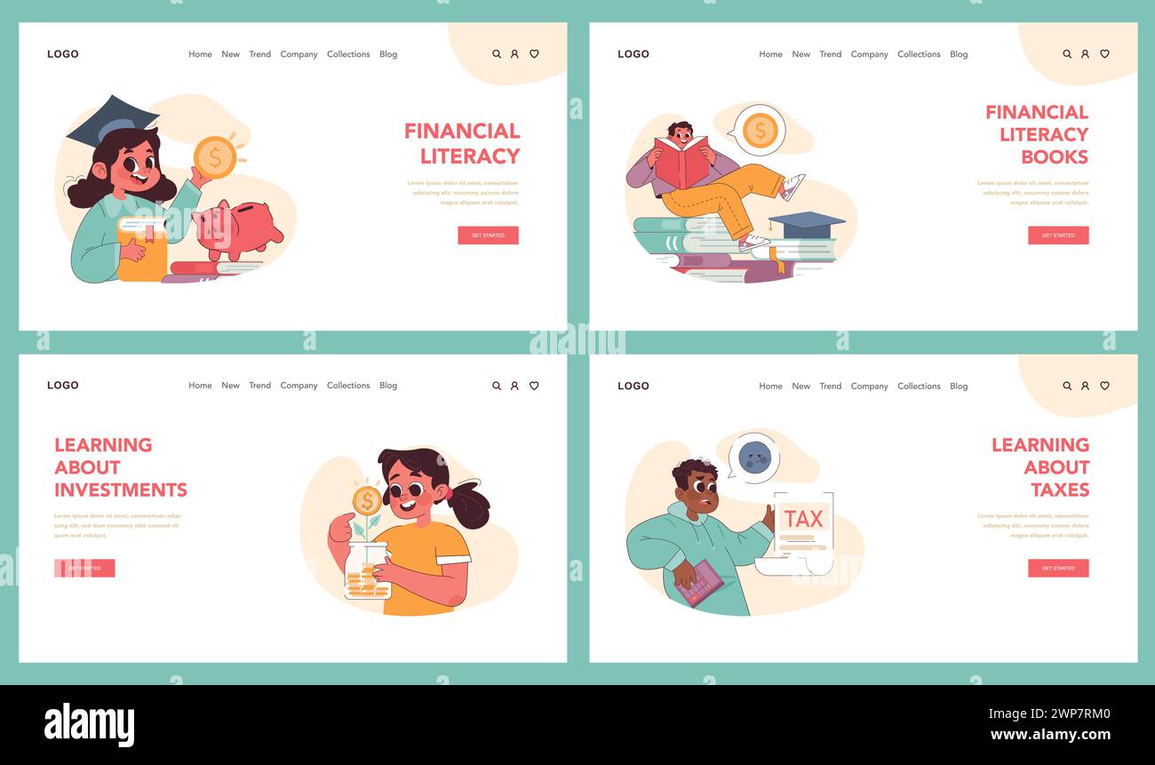 Child Financial Literacy set. Young students engaged in money ...