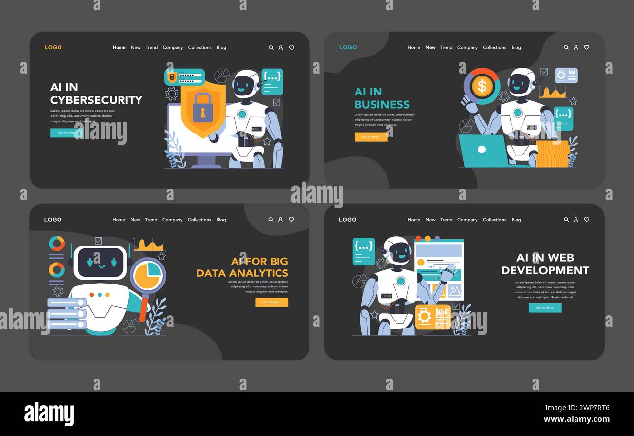 Ai integration dark or night mode web or landing set. Artificial intelligence, neural network ...