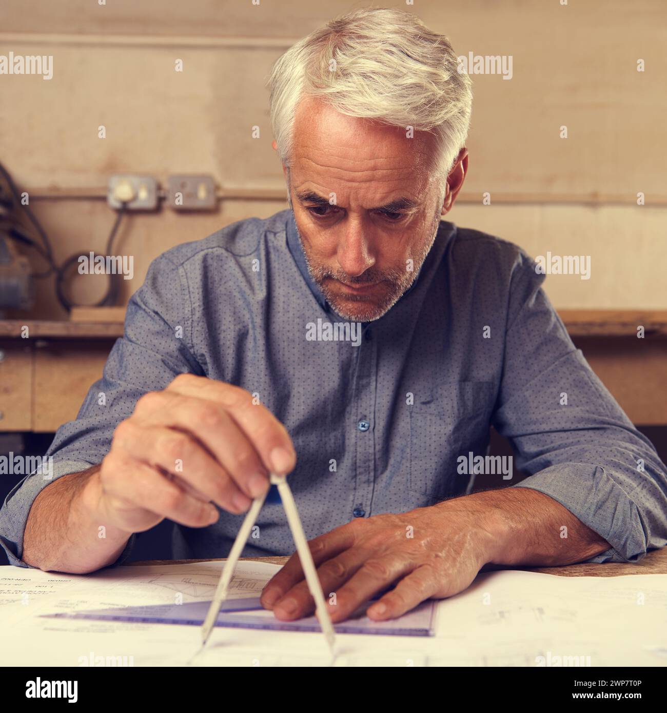 Senior man, compass and architect drawing blueprint, construction and ...