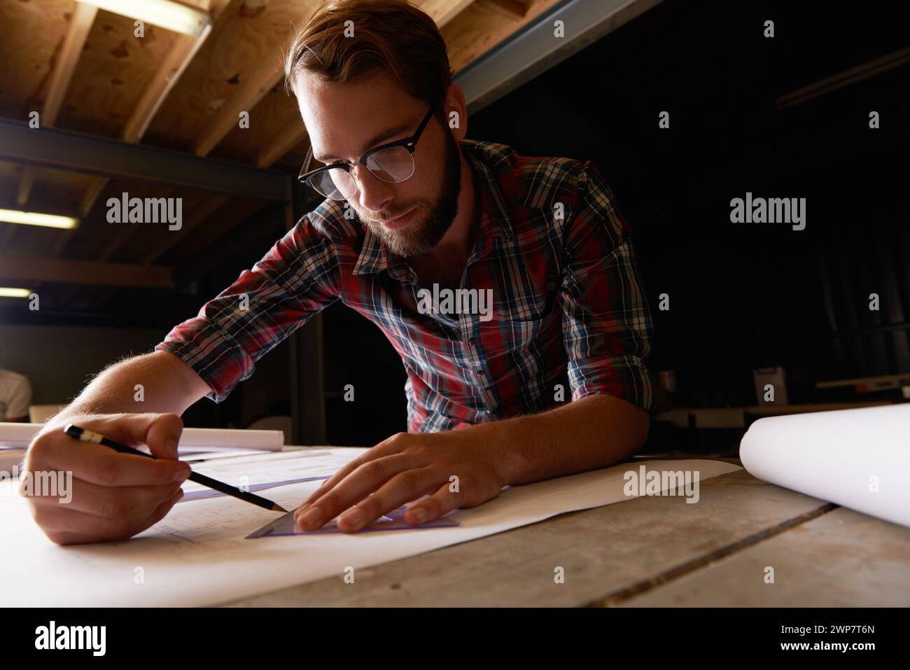 Man, architect sketch blueprint and engineering for construction ...
